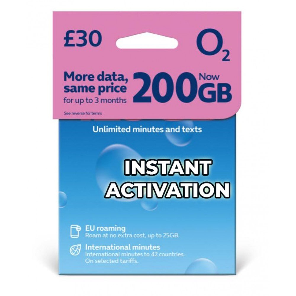O2 UK £30 Bundle - 200GB Data + Unlimited Minutes & Texts - Instant ...