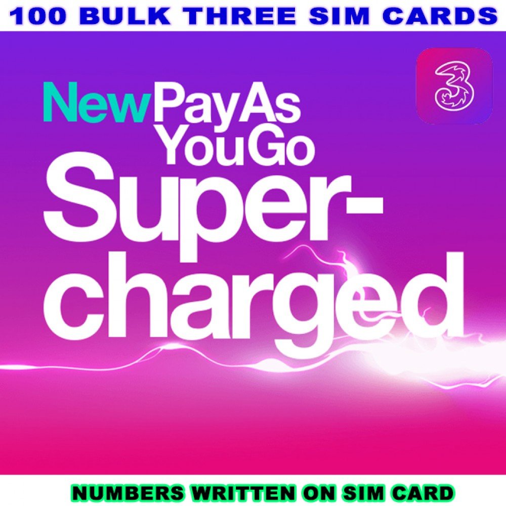 100 3 (Three) Pay As You Go UK Network Sim Cards - Active & Ready to USE