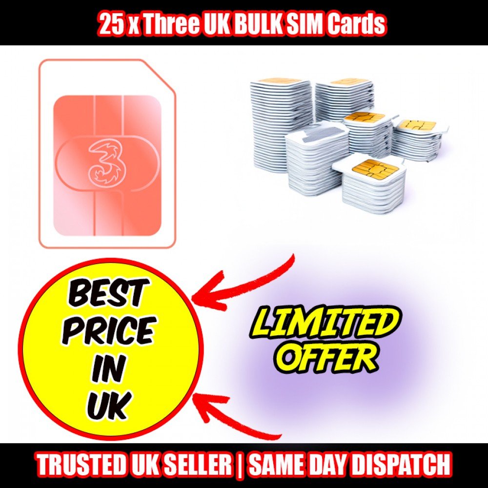Buy 25 x 3 (Three) UK Network Pay As You Go Bulk Sim Cards