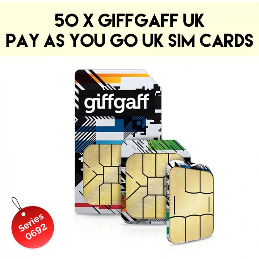 50 UK Network Giffgaff Pay As You Go Sim Cards Bulk - Series 0692