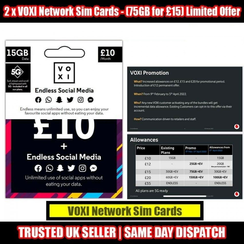 Buy 2 x Voxi UK Network Pay As You Go Sim Cards