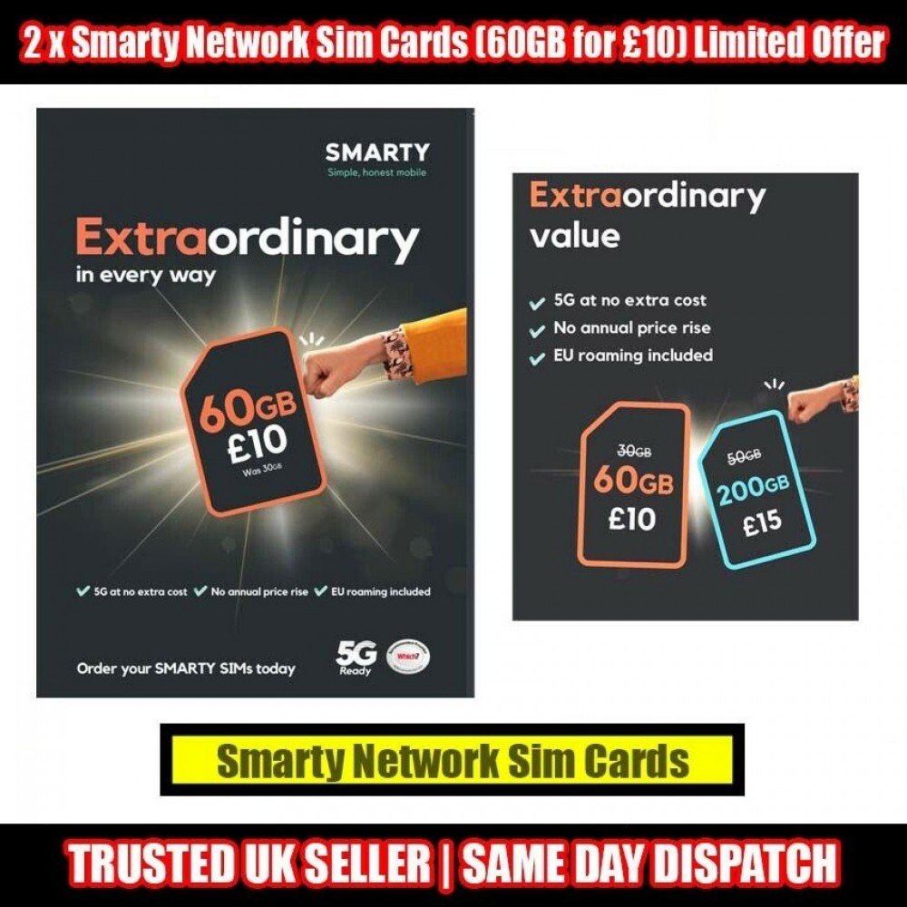 Buy 2 x Smarty UK Network Pay As You Go Sim Cards