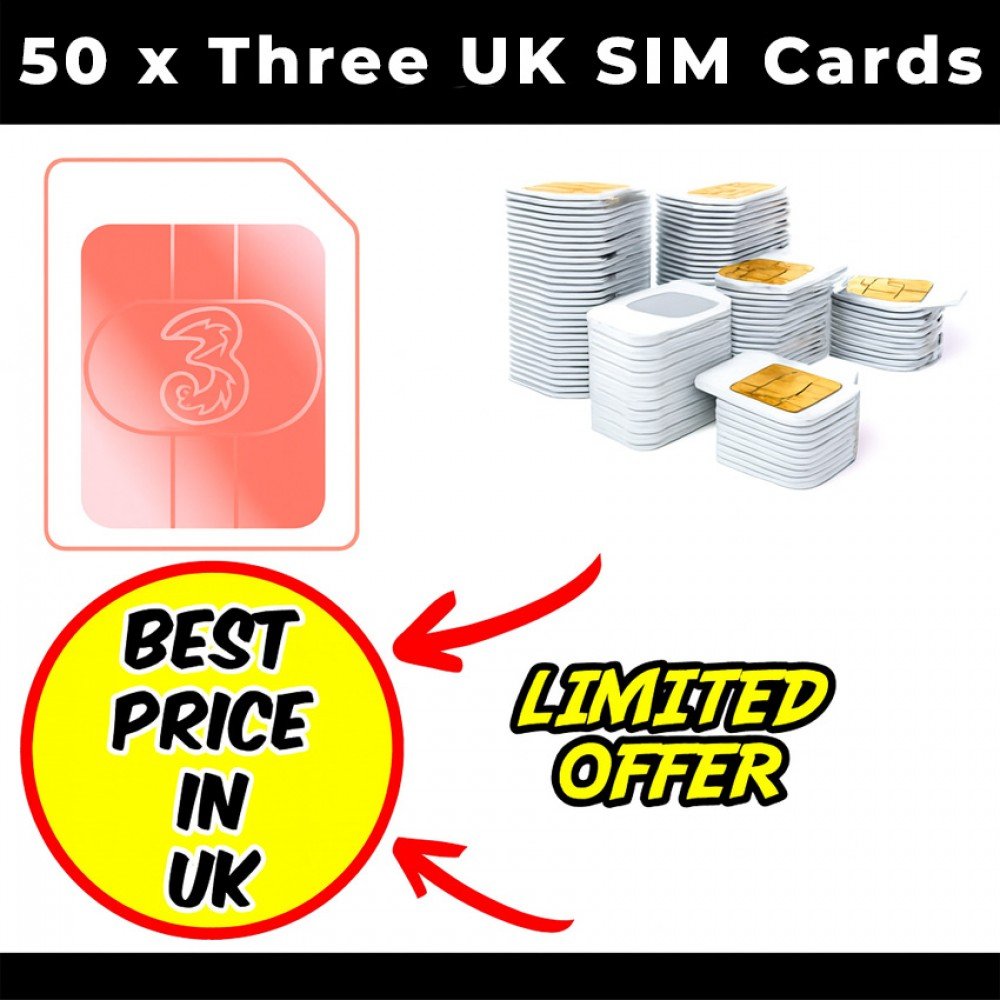 Buy 50 x 3 (Three) UK Network Pay As You Go Bulk Sim Cards